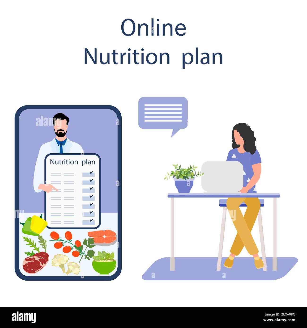 Vector illustration Nutrition Consultant Online explains diet to human ...