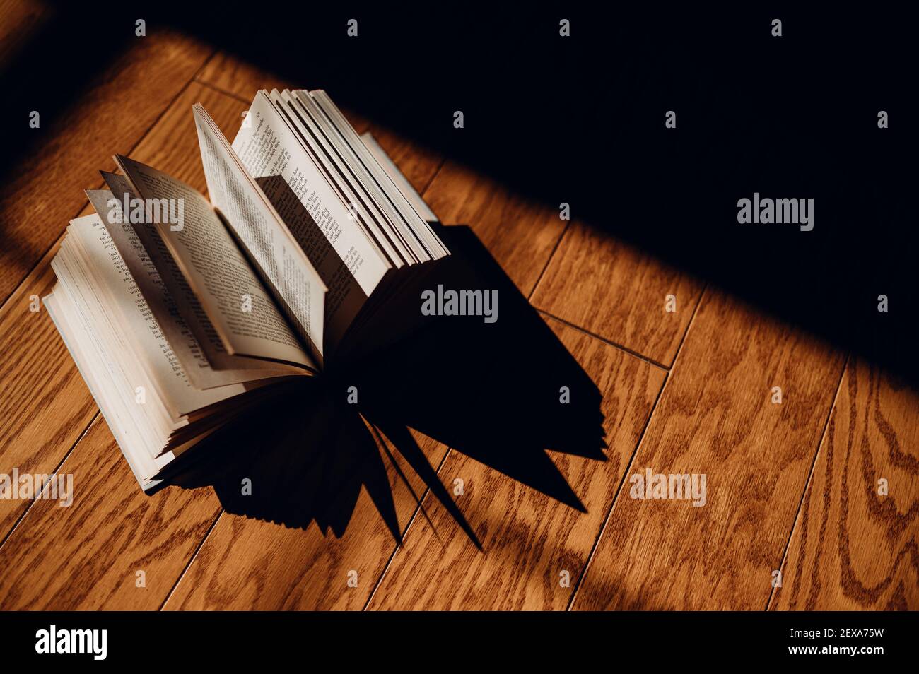 An open book on a wooden table under the natural sunlight Stock Photo ...