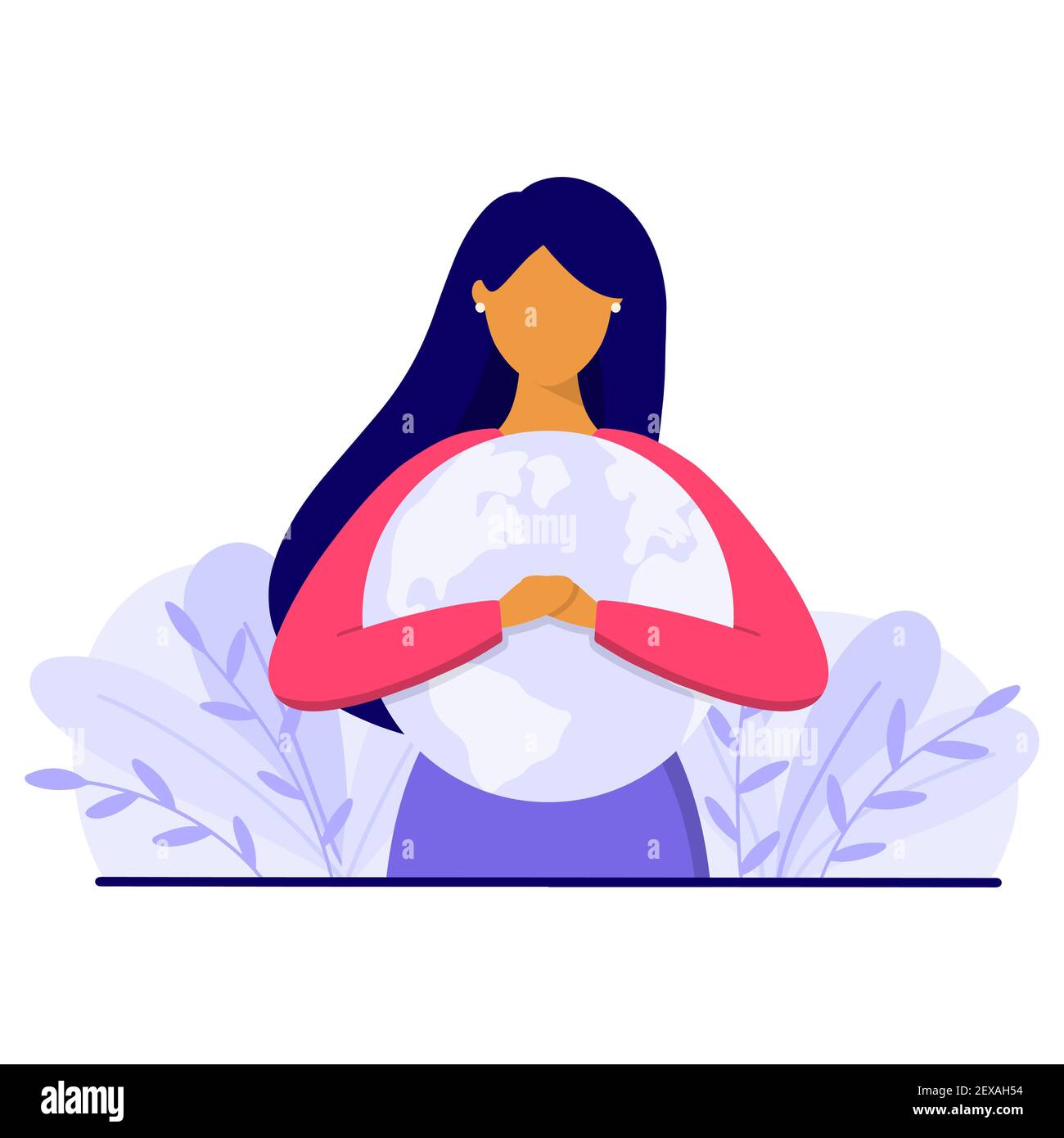 Woman hugs planet. Environment protection and Earth day concept. Flat ...