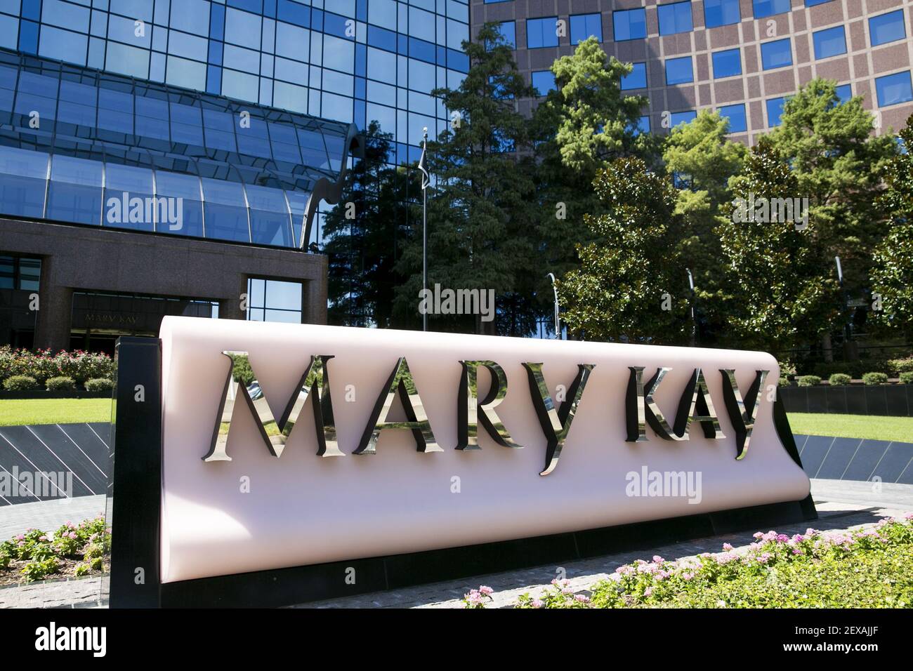A logo sign outside of the headquarters of Mary Kay, Inc., in Addison ...