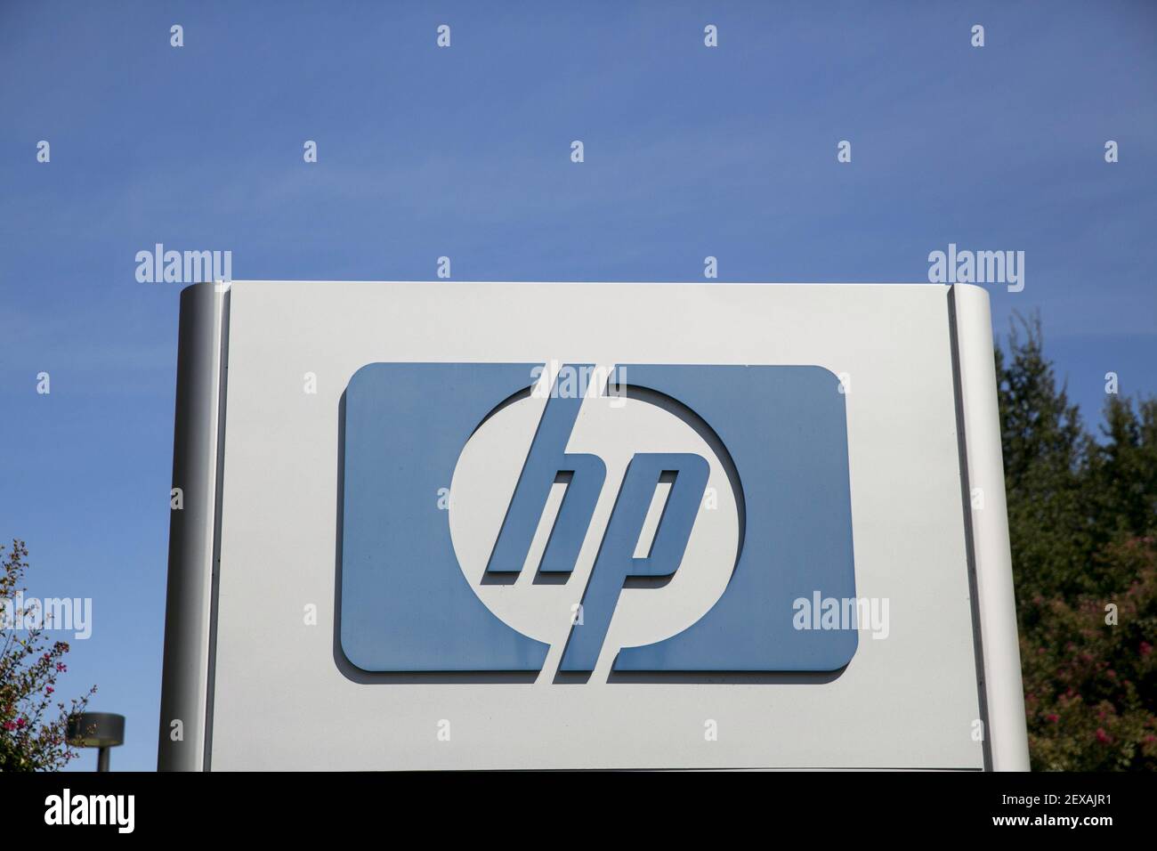A logo sign outside of a facility occupied by The Hewlett-Packard ...