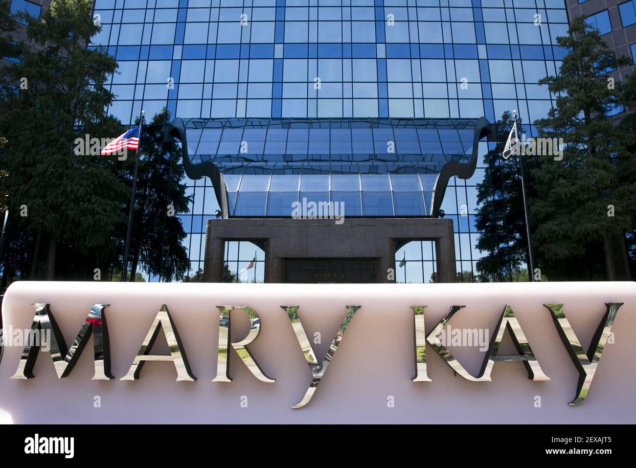 A logo sign outside of the headquarters of Mary Kay, Inc., in Addison ...
