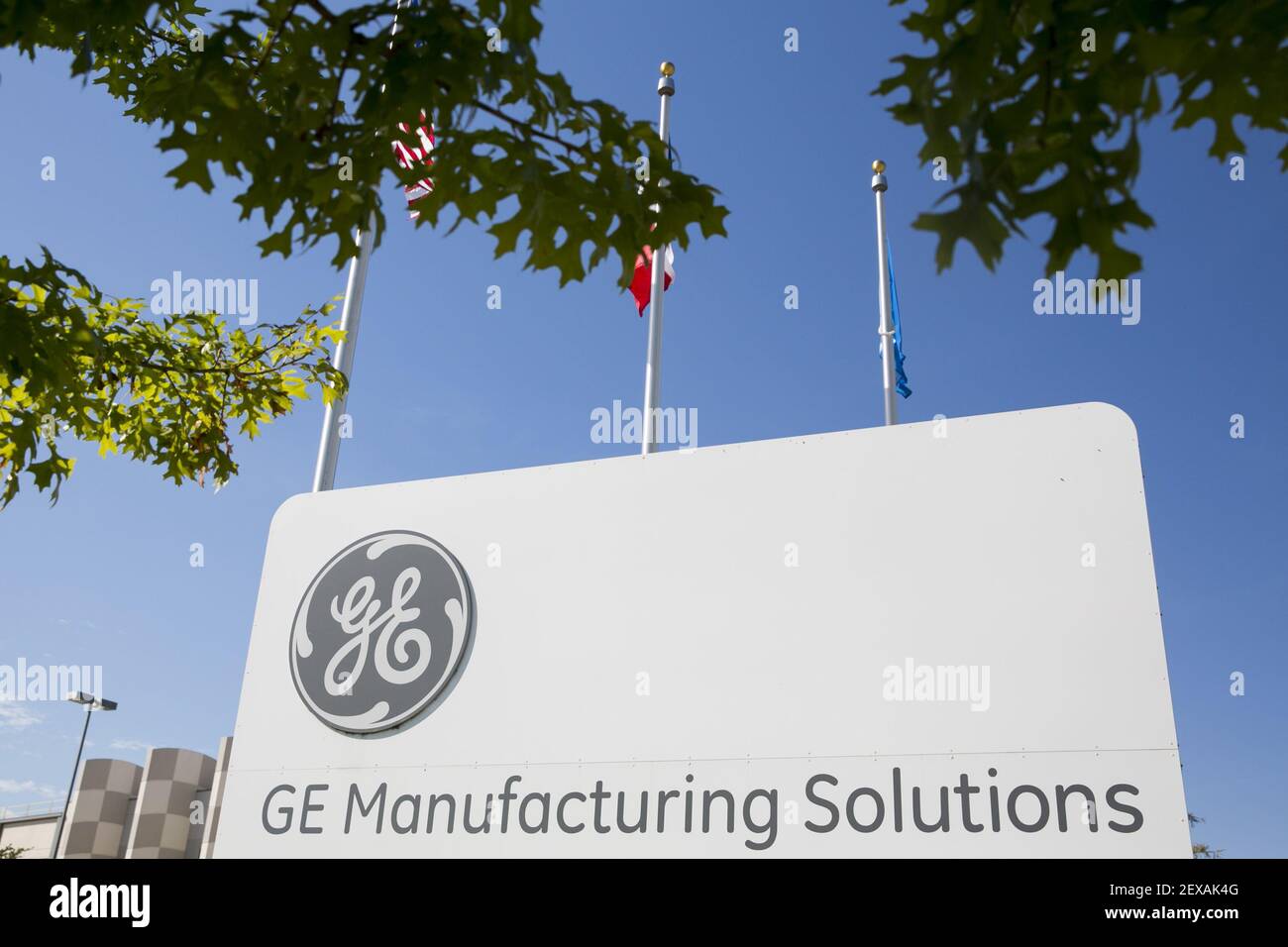 A logo sign outside of a facility occupied by GE (General Electric ...