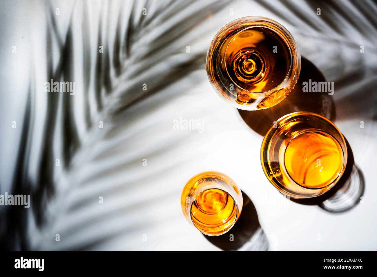 Hard strong alcoholic drinks, spirits and distillates in glasses: vodka ...
