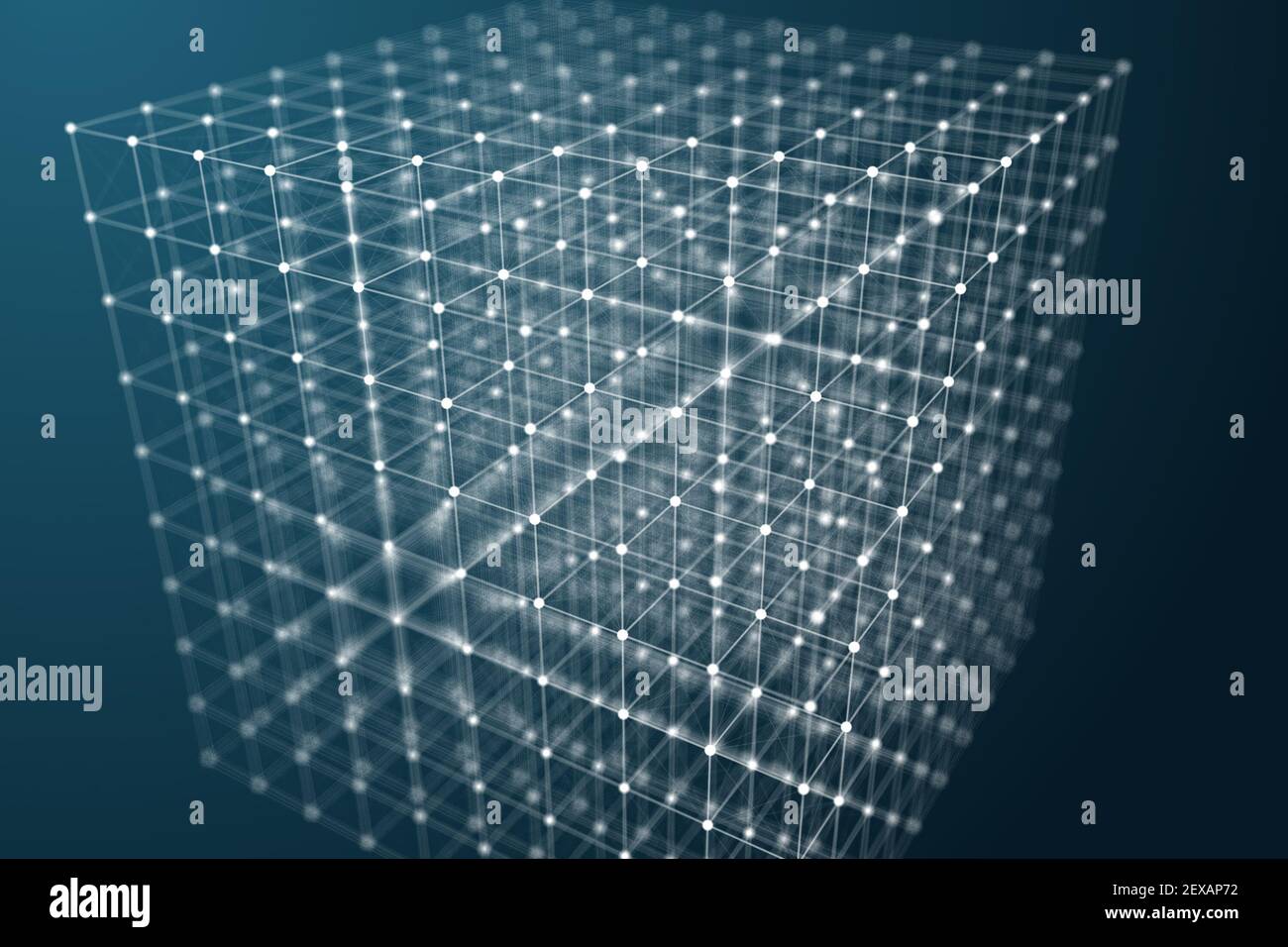 Regular cube of lines and points in space. Shallow depth of field Stock ...