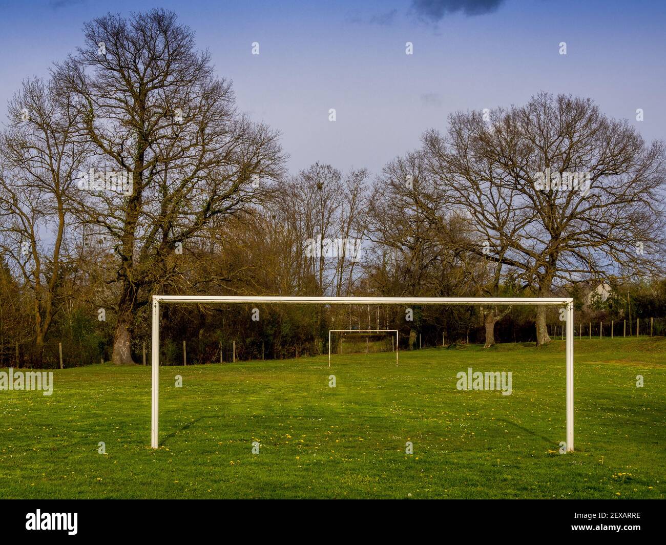 A soccer goal without a net on a field Stock Photo - Alamy