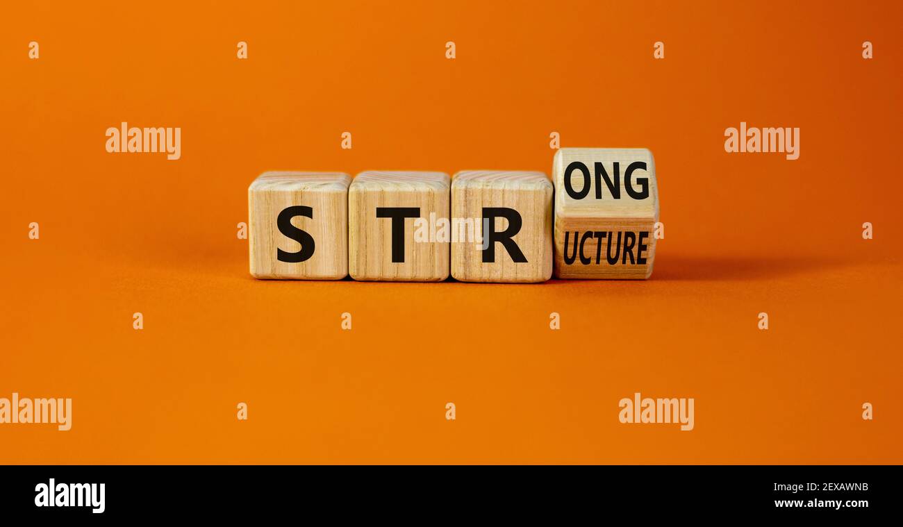 Strong structure symbol. Turned a wooden cube with words 'strong ...