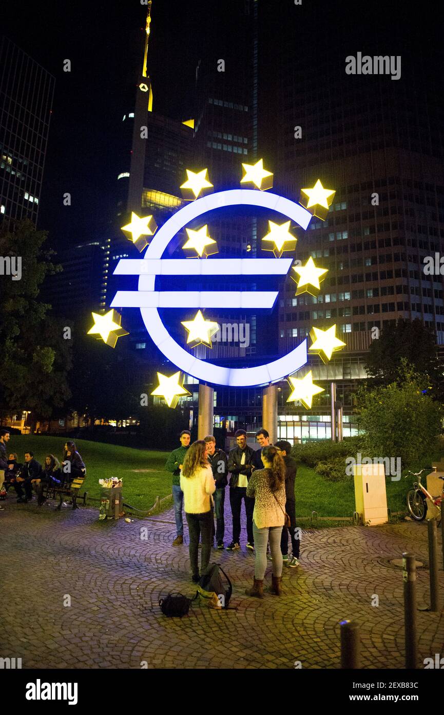 FRANKFURT, GERMANY - The symbol of the euro for the Euro Tower where ...
