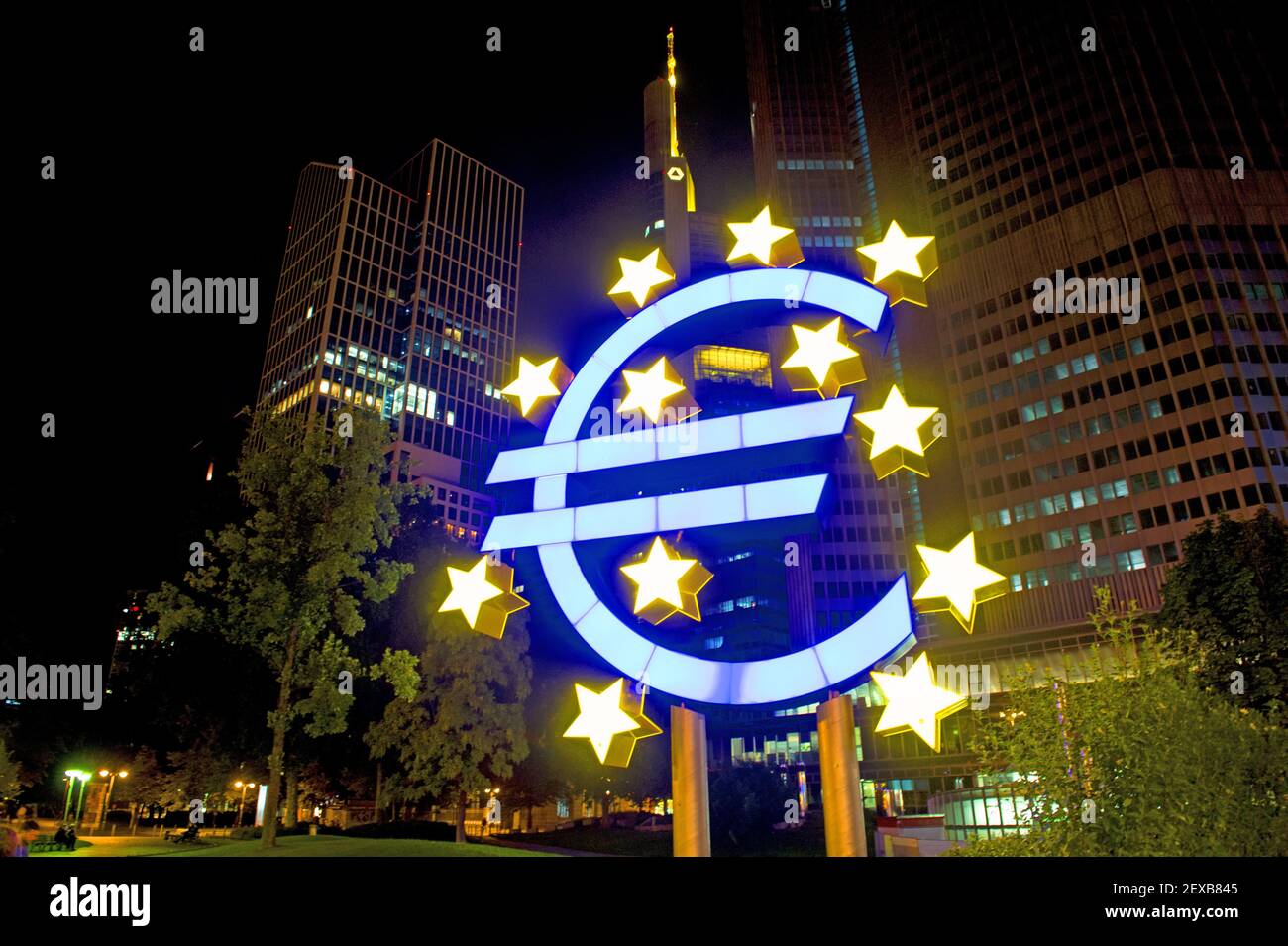 FRANKFURT, GERMANY - The symbol of the euro for the Euro Tower where ...