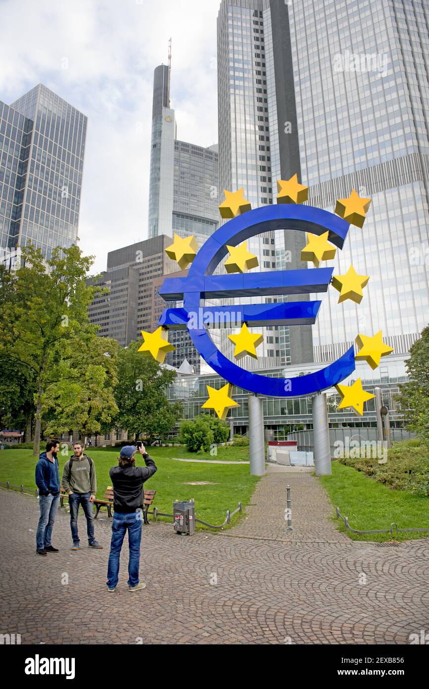 FRANKFURT, GERMANY - The symbol of the euro for the Euro Tower where ...