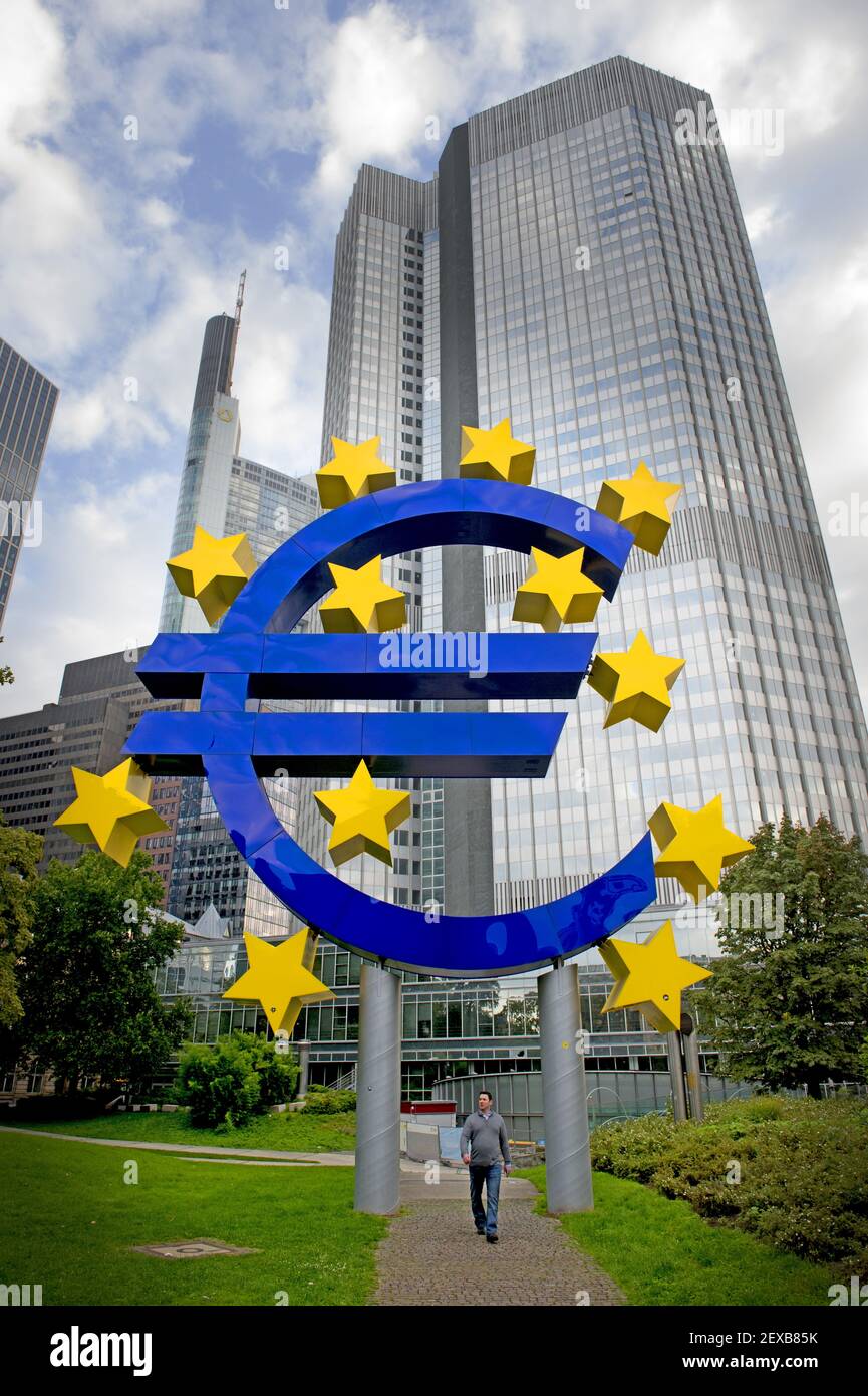 FRANKFURT, GERMANY - The symbol of the euro for the Euro Tower where ...