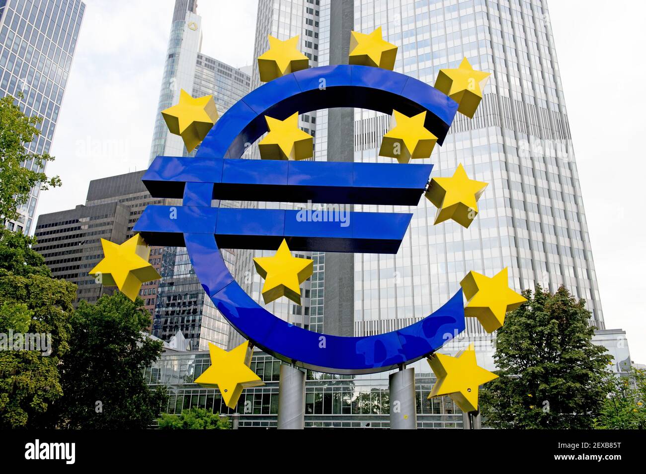 FRANKFURT, GERMANY - The symbol of the euro for the Euro Tower where ...