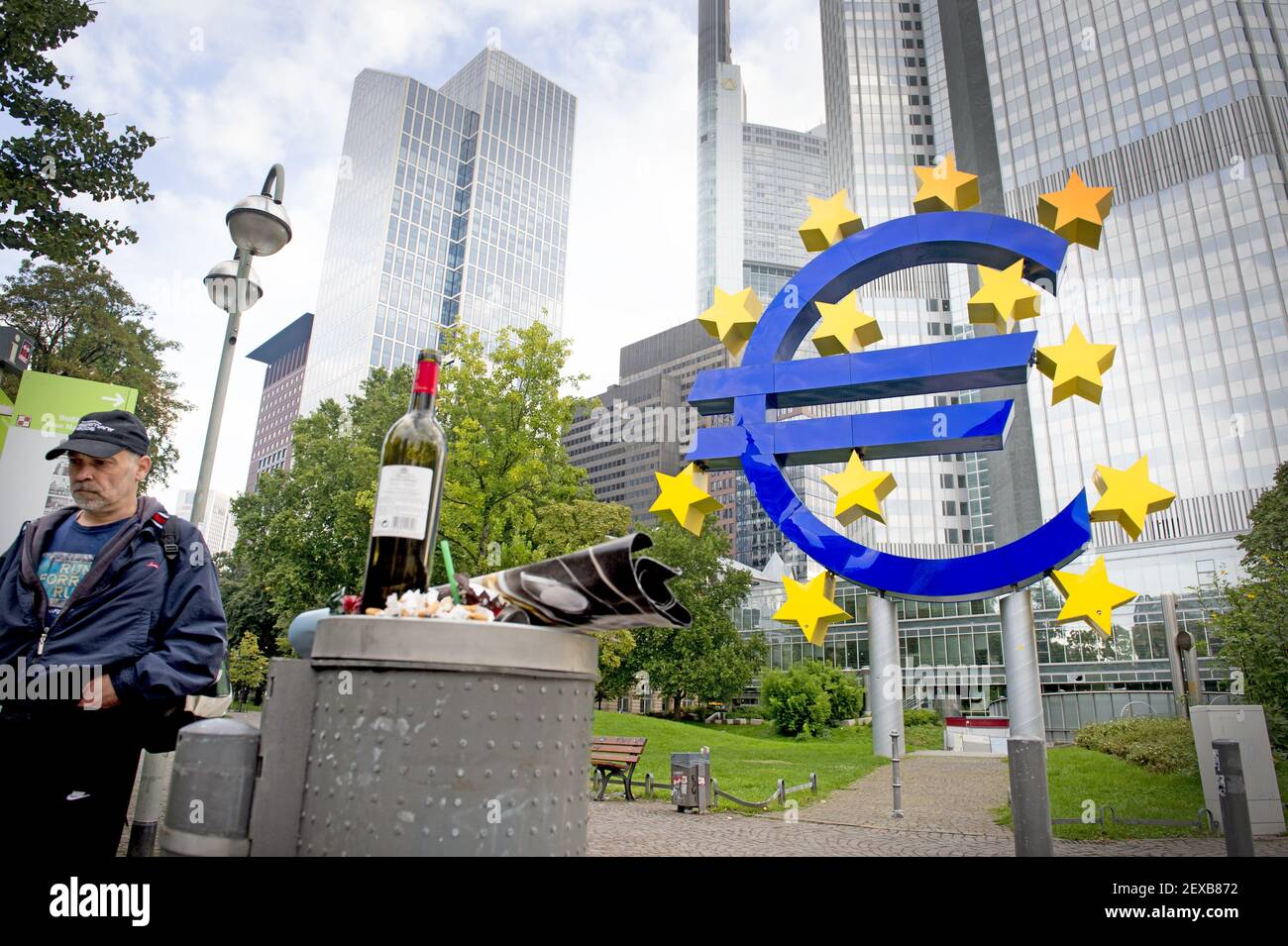 FRANKFURT, GERMANY - The symbol of the euro for the Euro Tower where ...