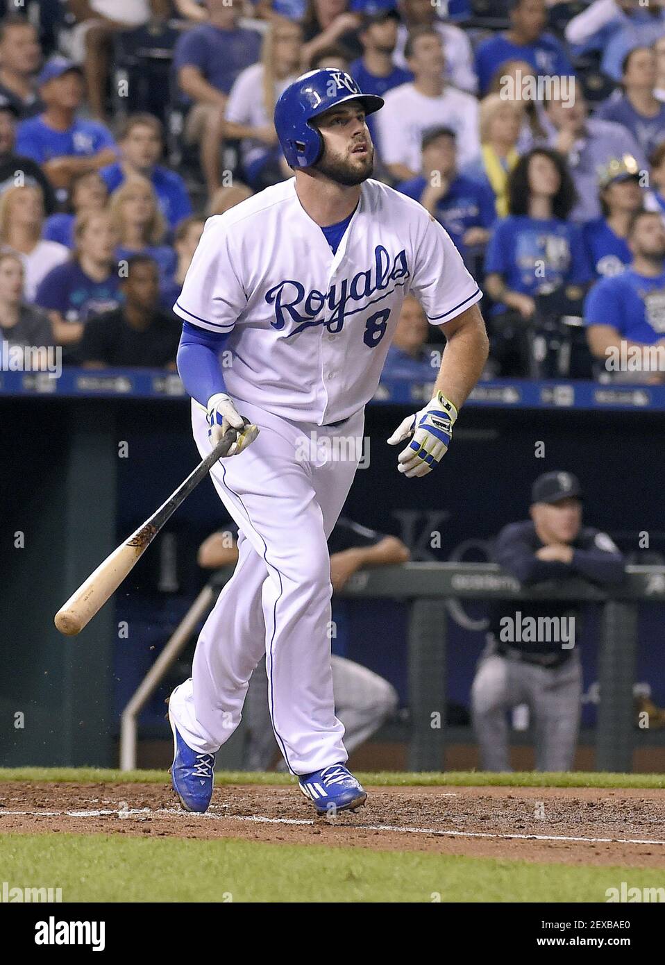 The Kansas City Royals' Mike Moustakas watches his solo home run in the ...