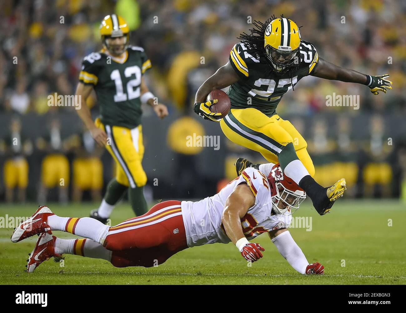 Green Bay Packers running back Eddie Lacy (27) leaps over Kansas City ...