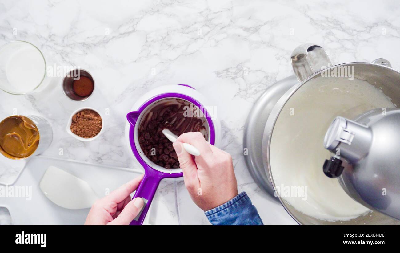 Flat lay. Step by step. Preparing homemade chocolate ice cream in a ...