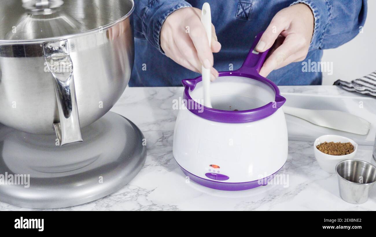 Step by step. Preparing homemade chocolate ice cream in a standing ...