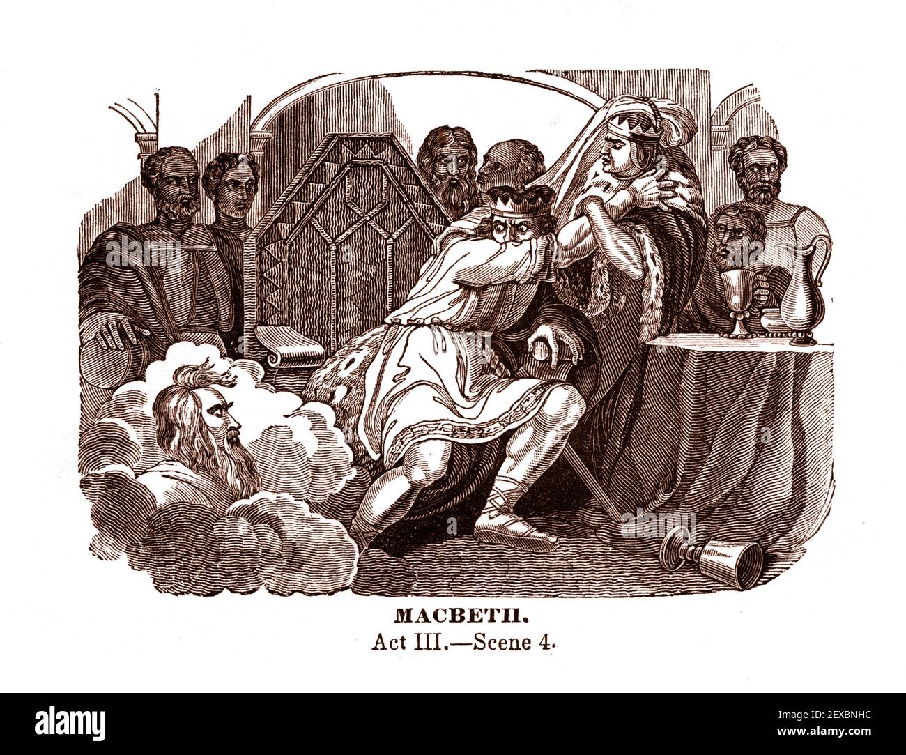 An 1834 engraving depicting a scene (Act III Scene 4) from William Shakespeare's play, 'MacBeth ...