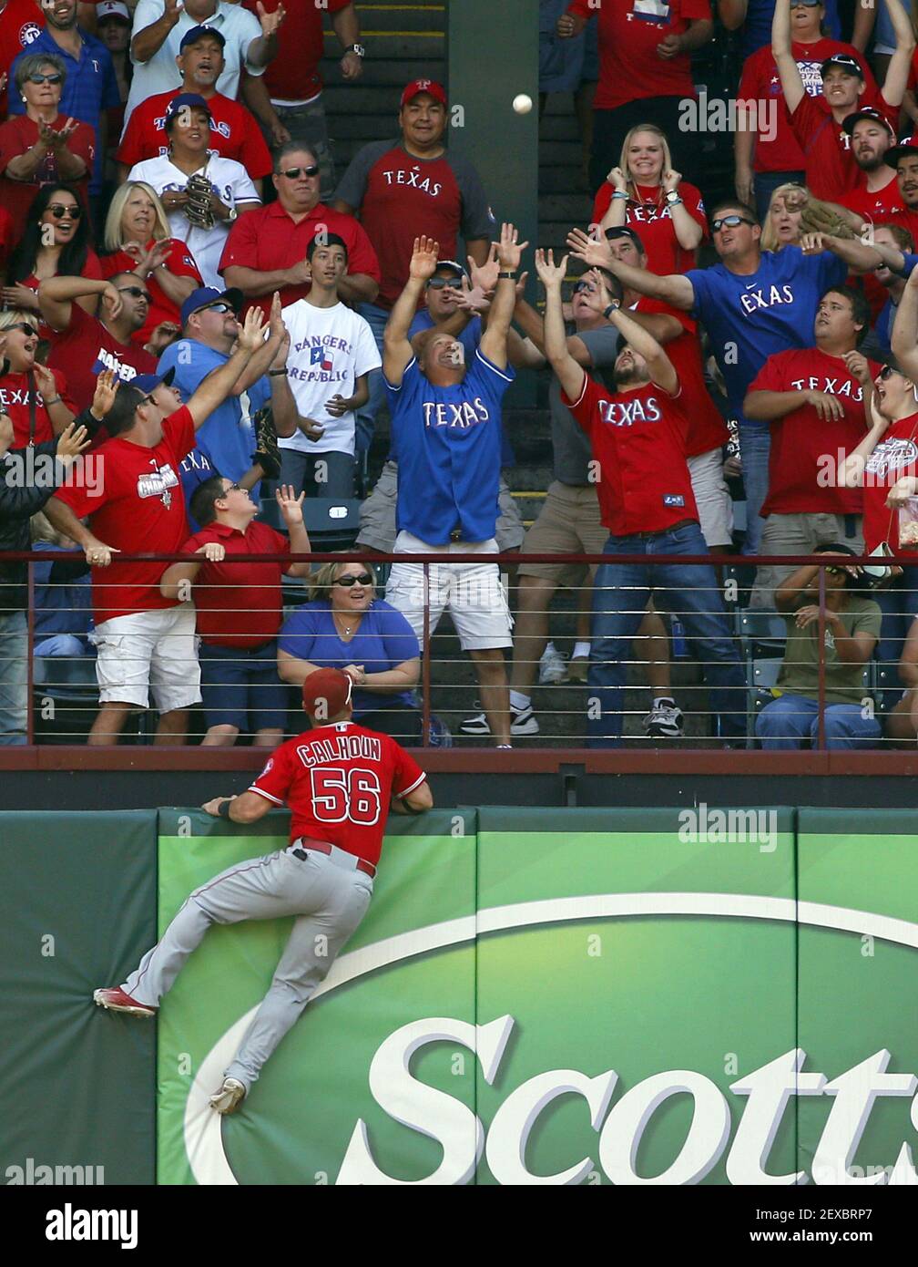 Los Angeles Angels right fielder Kole Calhoun (56) climbs the wall to ...
