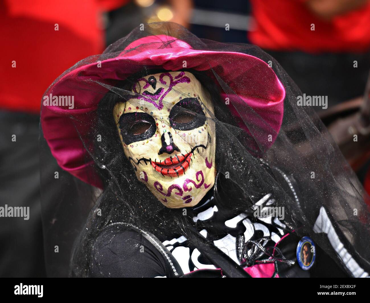 Young woman with a disguise mask and a costume participating at the ...