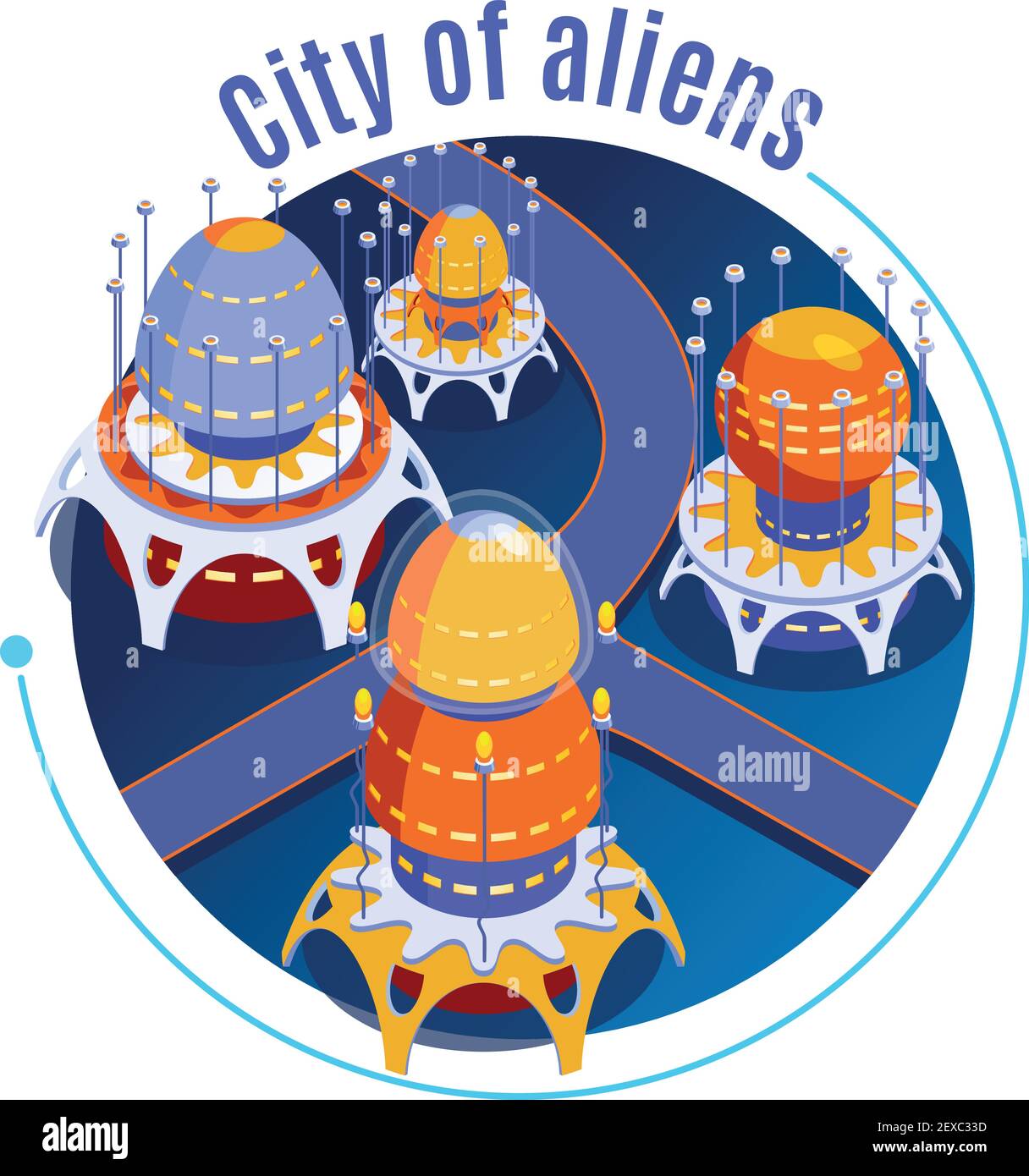 Round isometric aliens composition with city of aliens descriptions and ...