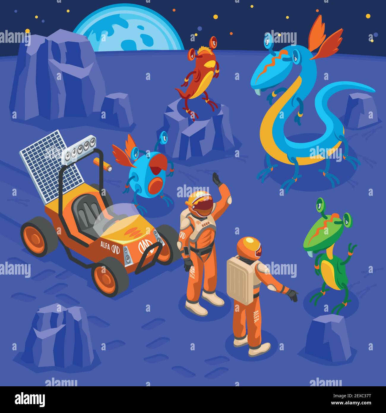 Aliens isometric background astronauts on unknown planet and big eyed ...