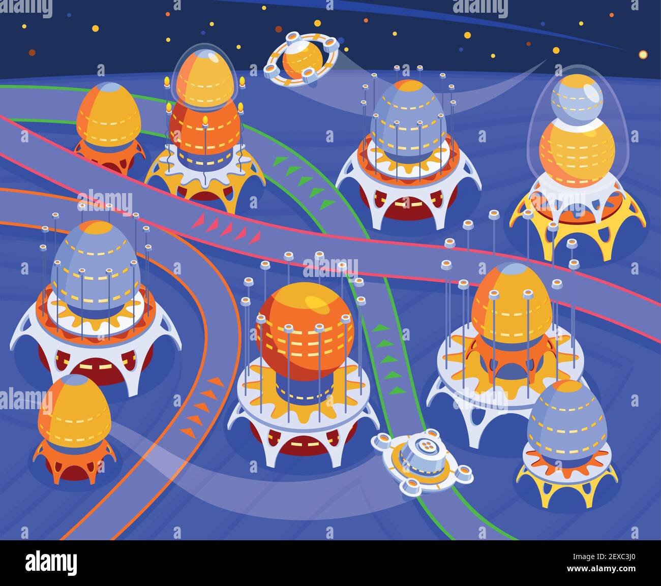 Aliens colored composition with abstract space and city of aliens and ...