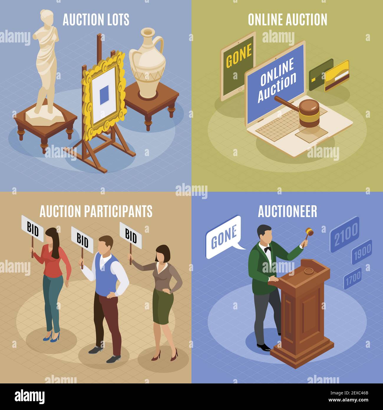 Four auction isometric concept set with auction lots participant and ...