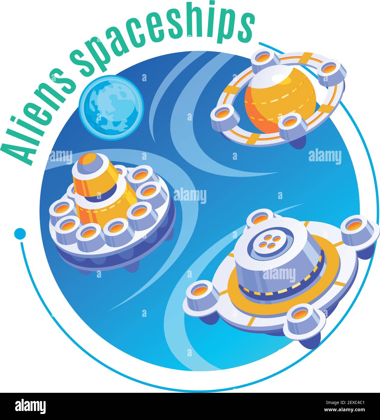 Aliens isometric and colored emblem with aliens spaceships headline and ...