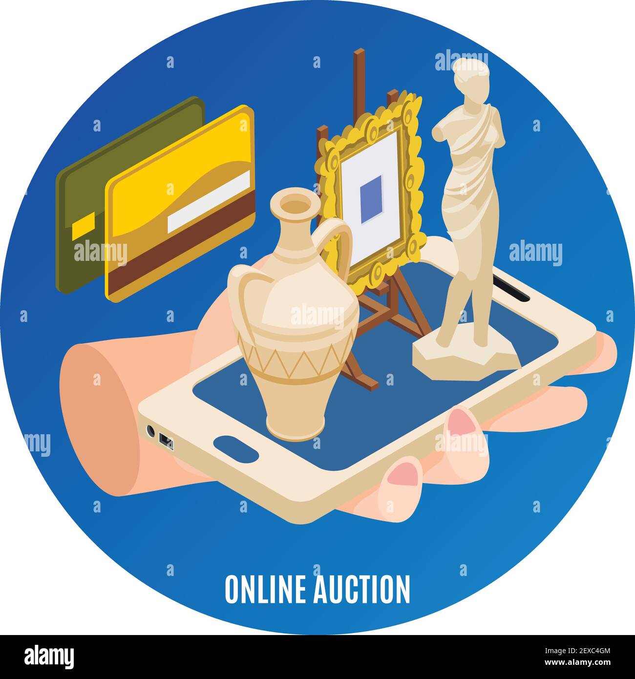 Auction isometric and colored background with online auction headline ...