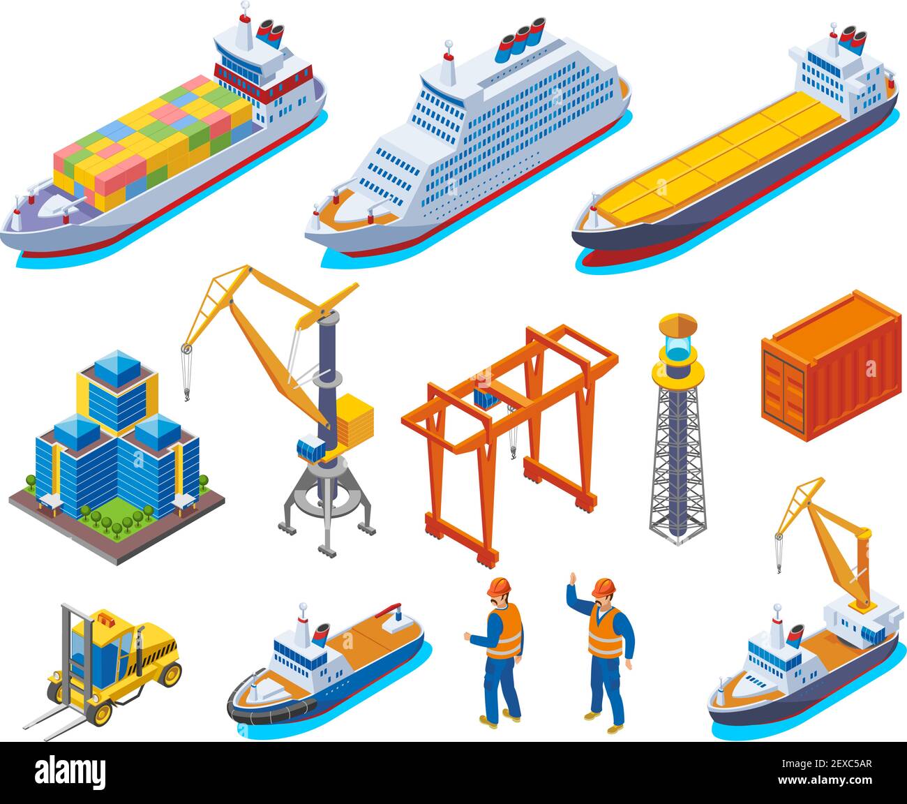 Seaport colored isometric icon set with isolated boats cranes ships and ...