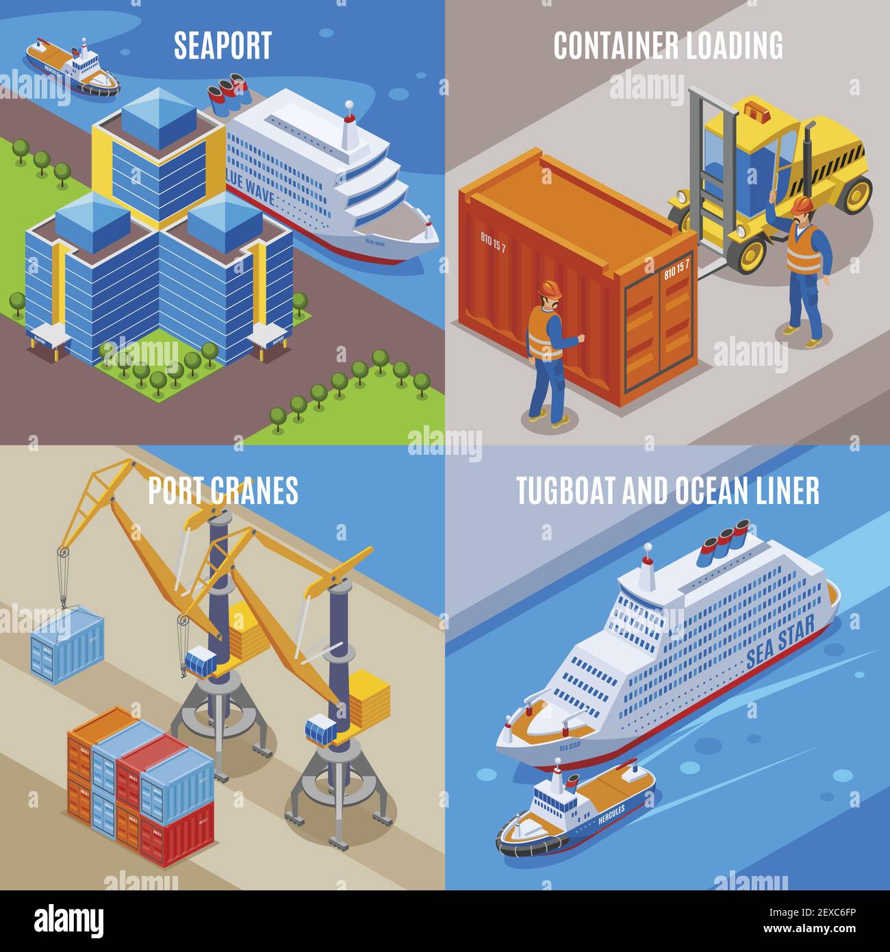 Four seaport isometric icon set with container loading port cranes ...