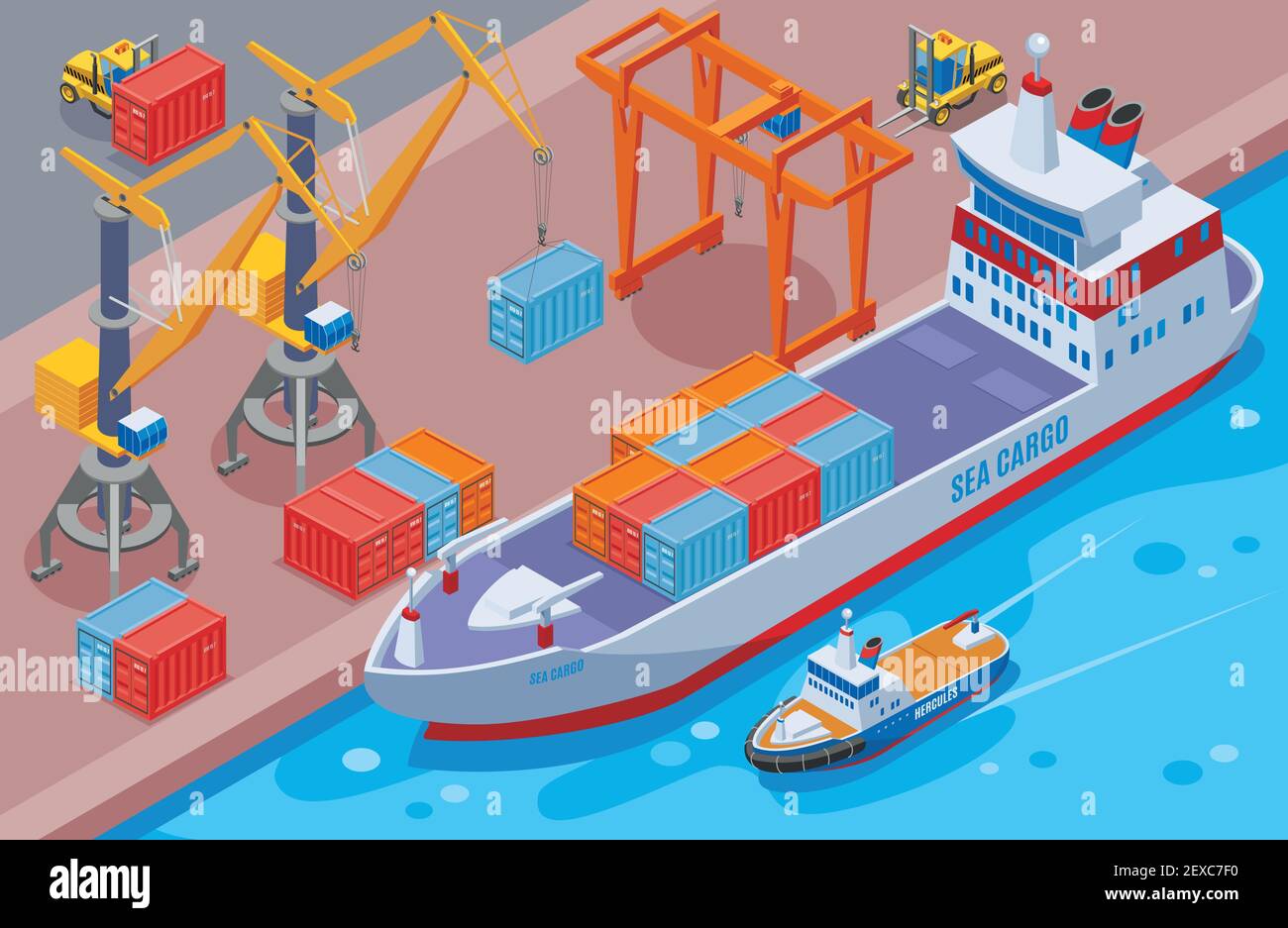 Seaport isometric and colored composition with big sea cargo ship at ...