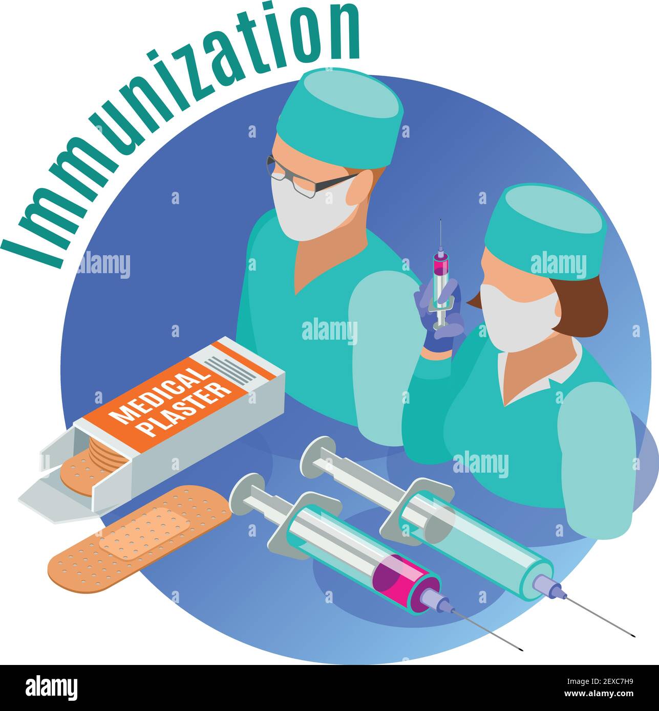 Vaccination isometric round emblem with medical tools two doctors and ...