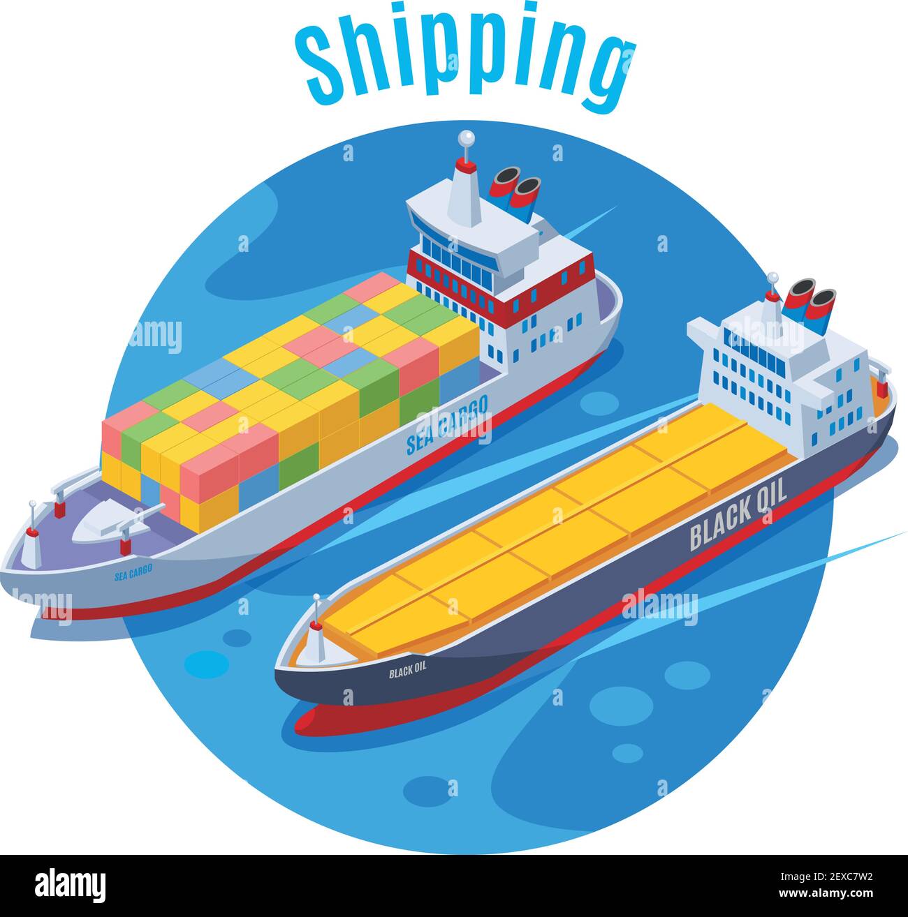 Round seaport isometric background with two logistic ship on blue fond ...