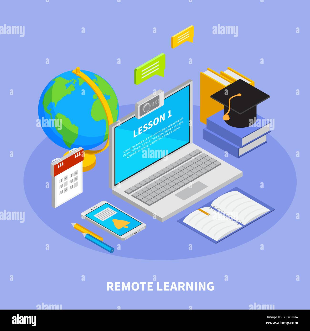 Online education concept with remote learning symbols isometric vector ...