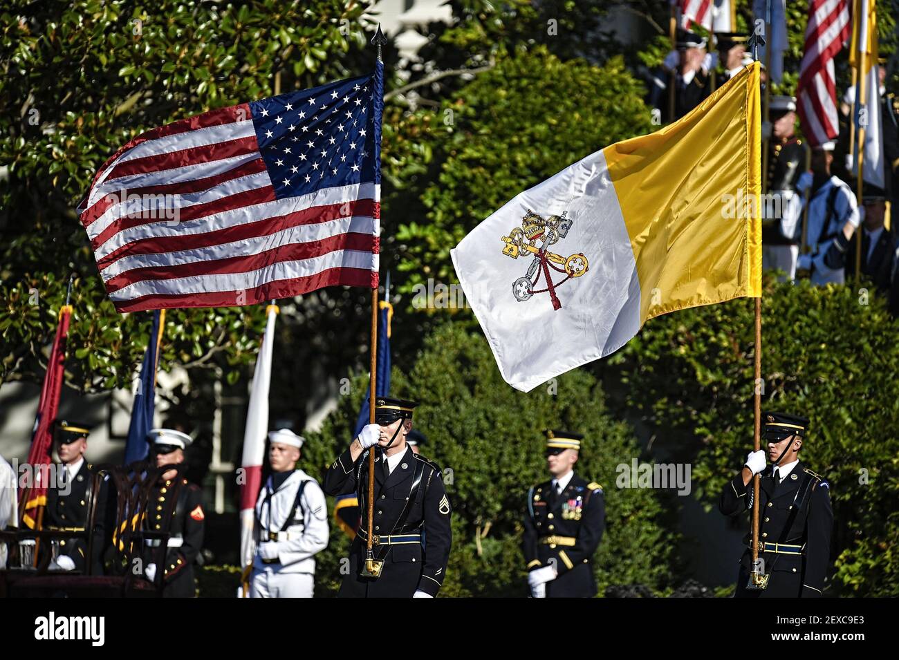 Flags of the U.S and the Vatican are seen during the arrival ceremony ...