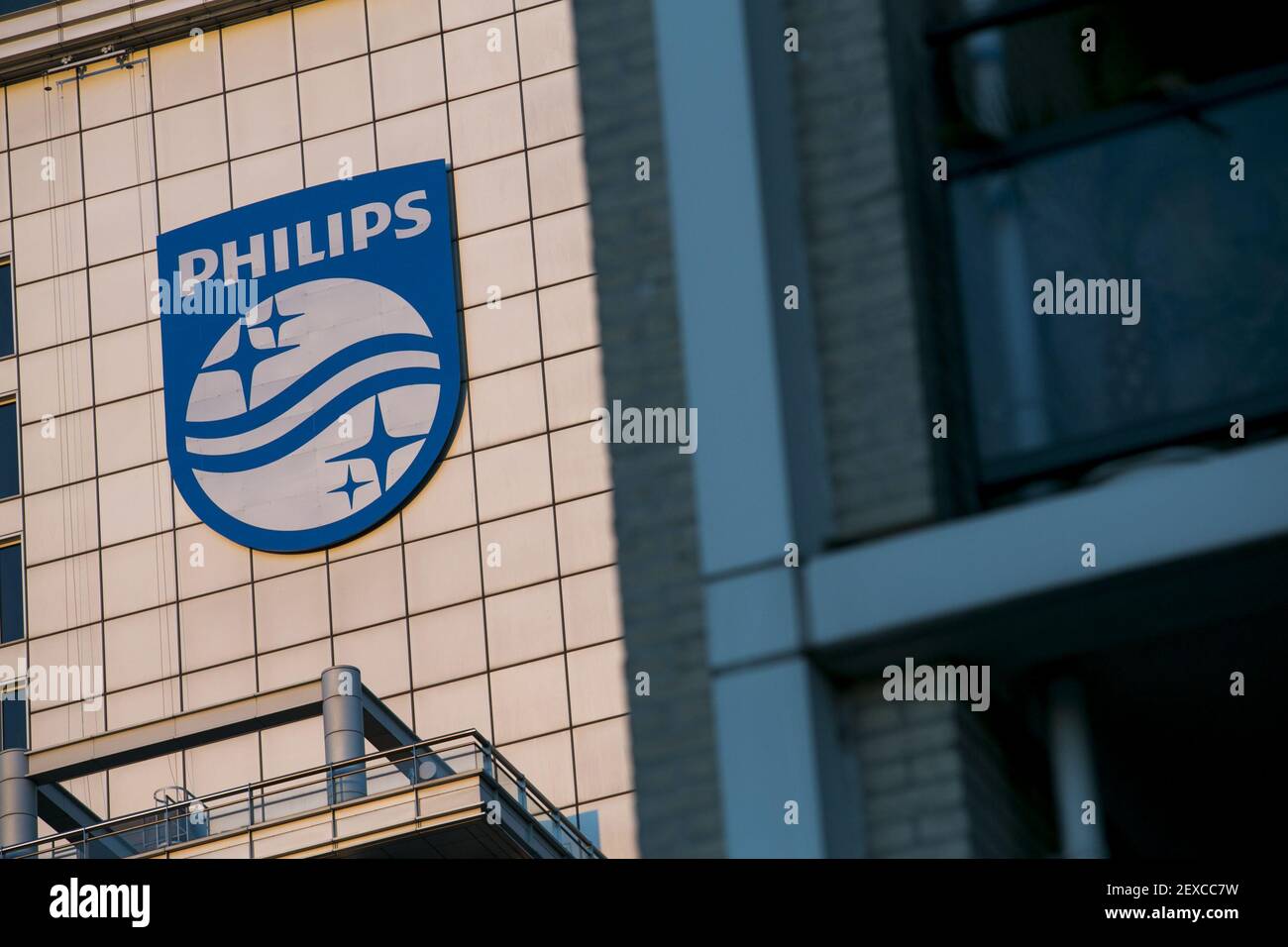 A logo sign outside of the headquarters of Koninklijke Philips N.V. in ...