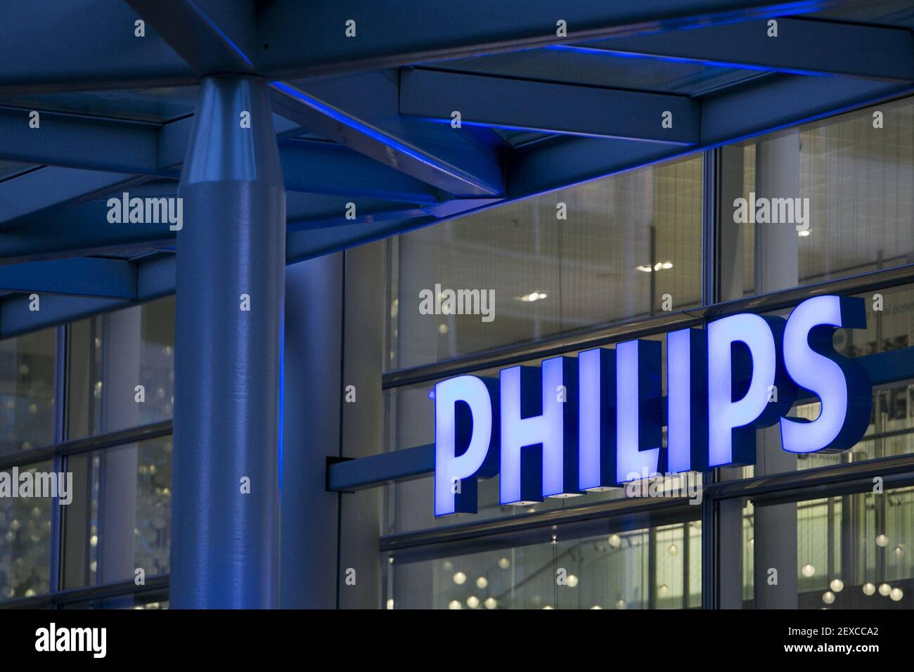 A logo sign outside of the headquarters of Koninklijke Philips N.V. in ...