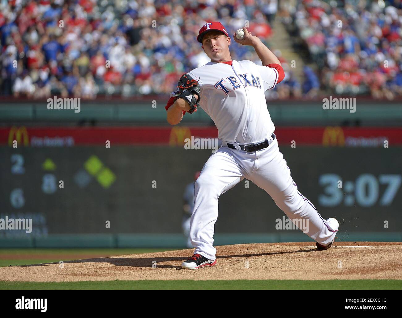 Texas Rangers starting pitcher Derek Holland (45) works during the ...