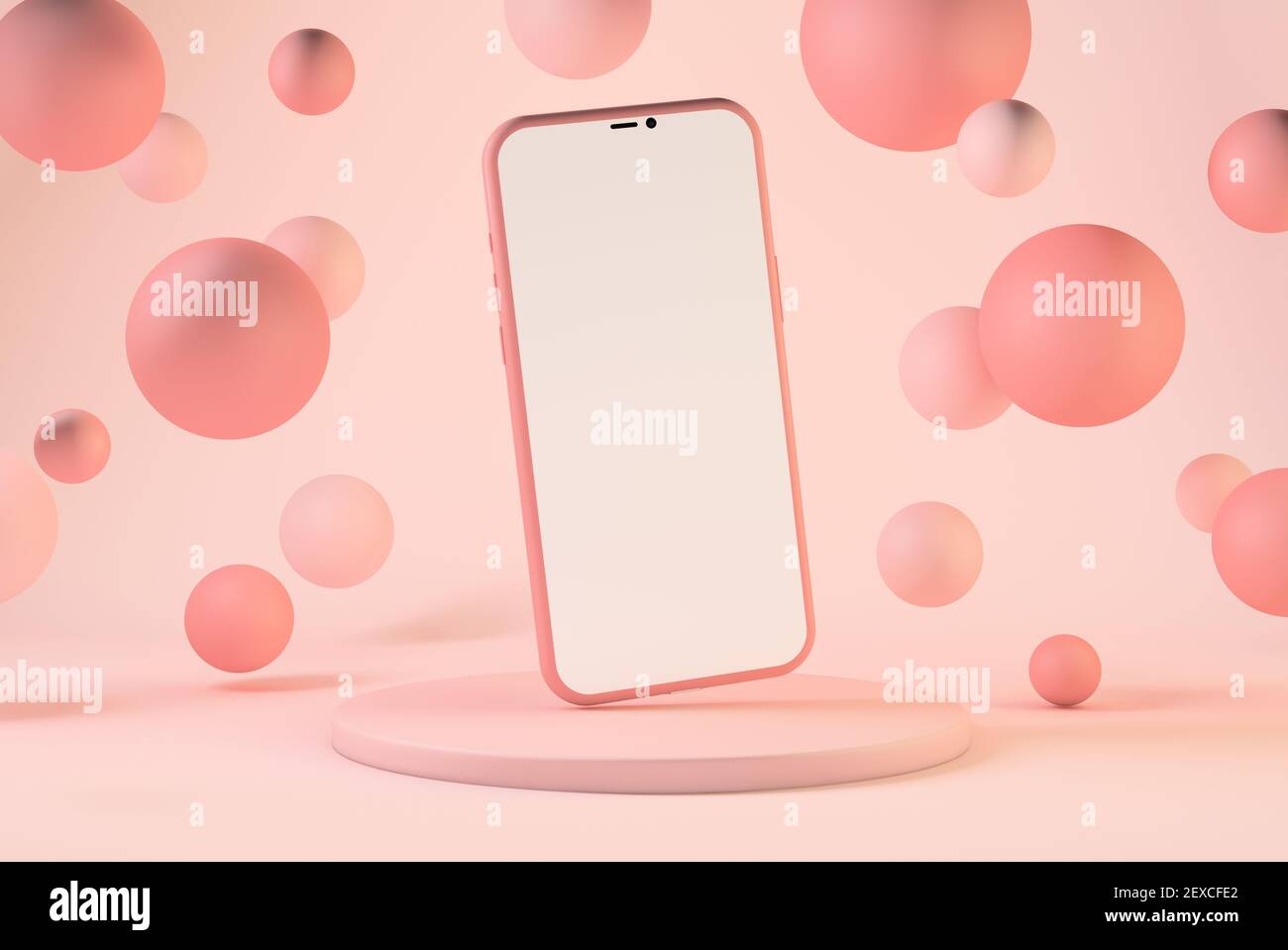 Smartphone with pastel pink floating spheres Stock Photo - Alamy