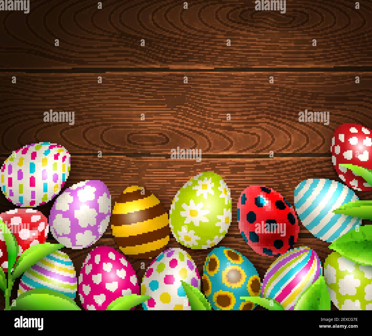 Easter background with top view of wooden table texture with colourful ...