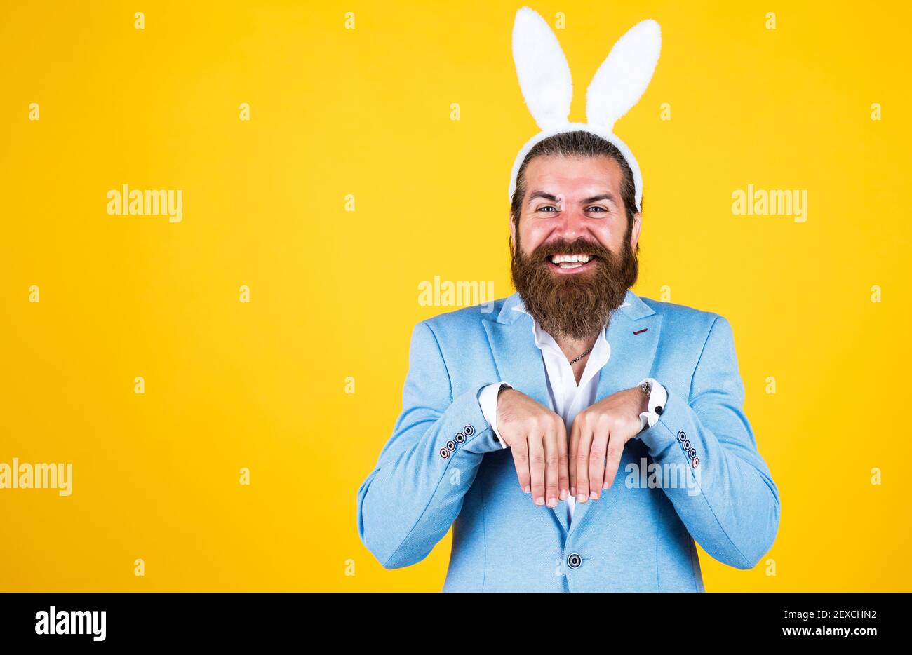easter bunny man. happy easter. bearded man wear bunny ears. Egg hunt ...