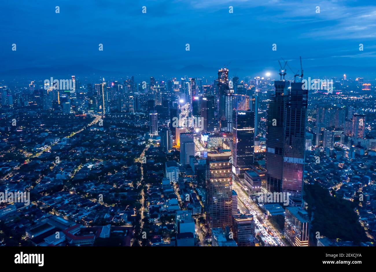 Aerial wide panoramic view of modern cityscape with high rises in the ...