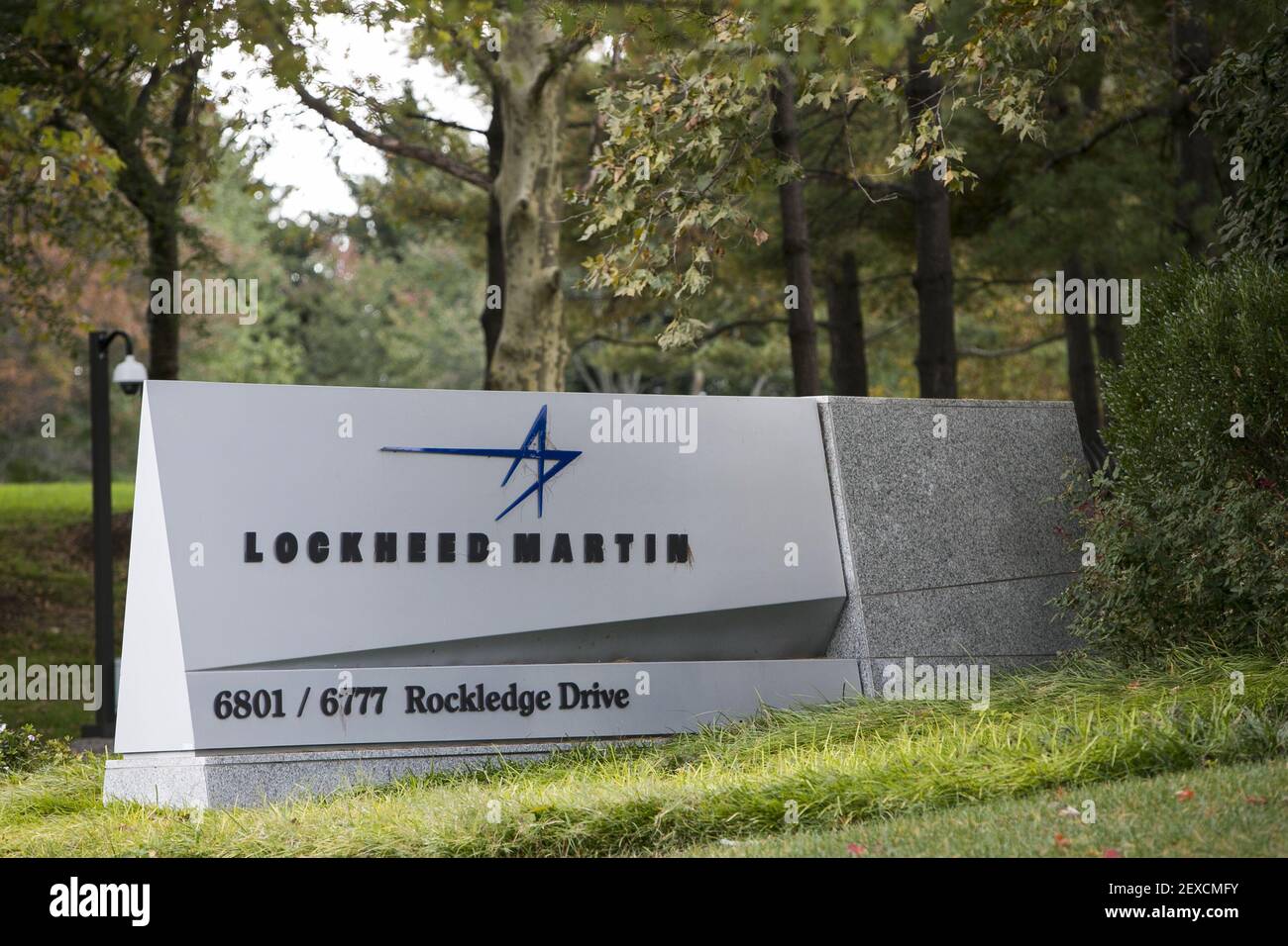 A logo sign outside of the headquarters of Lockheed Martin in Bethesda ...