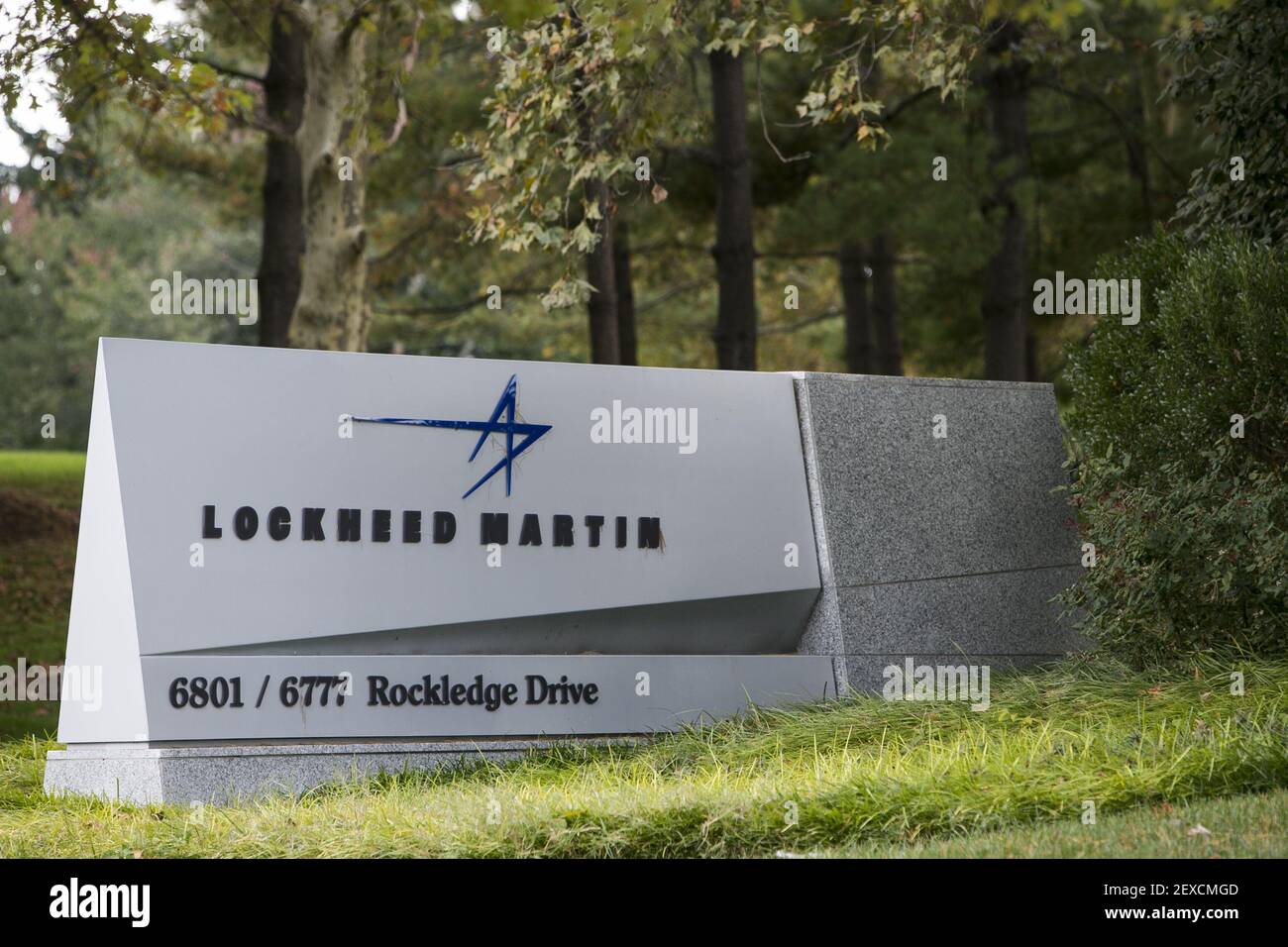 A logo sign outside of the headquarters of Lockheed Martin in Bethesda ...