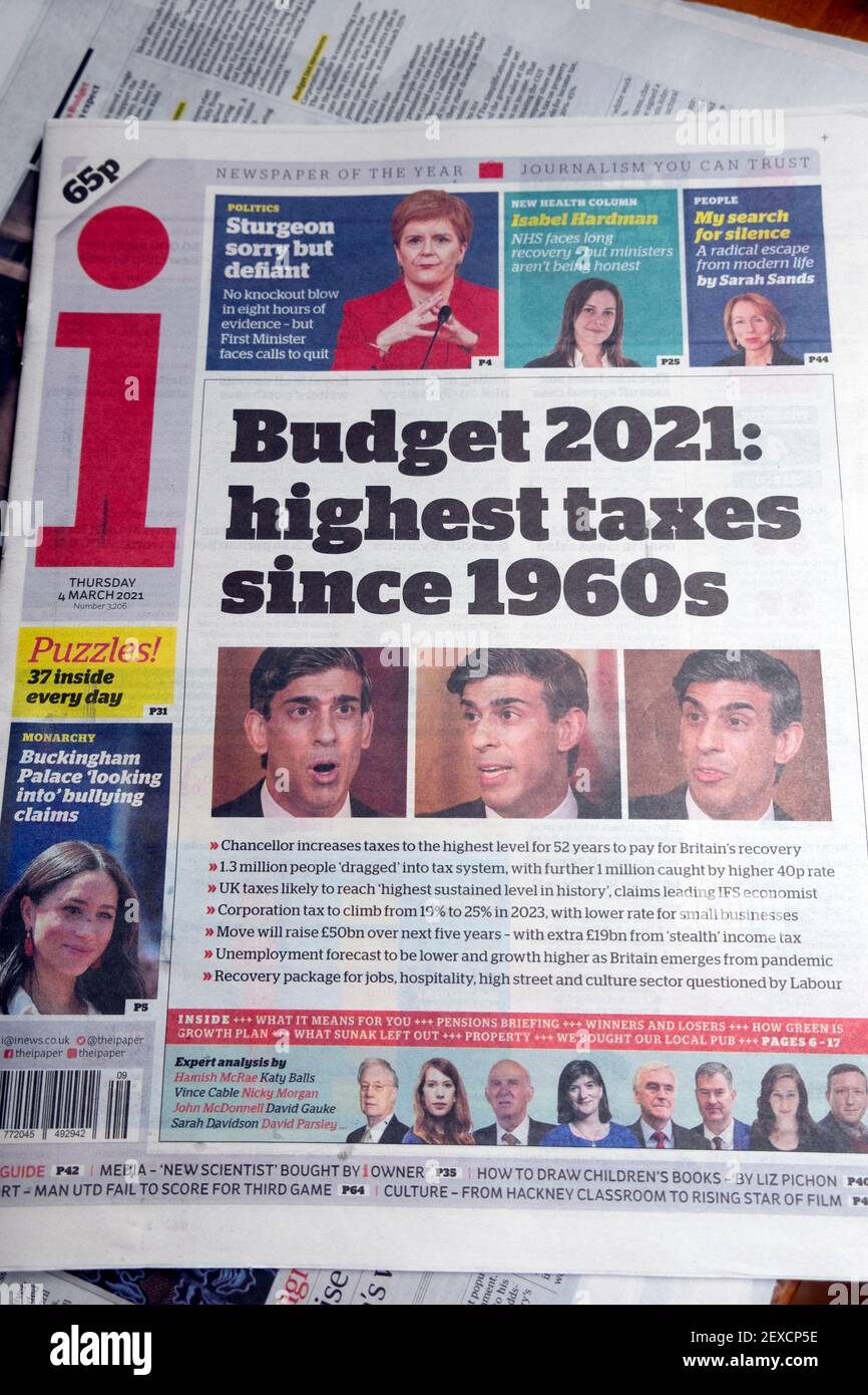 Rishi Sunak "Budget 2021: highest taxes since 1960's" i front page ...