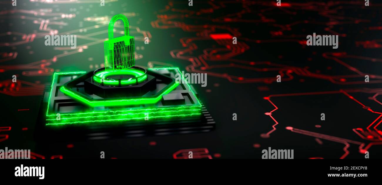 Conceptual pad lock hovering above a mother board processor protecting ...