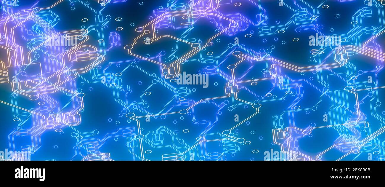 Futuristic electronic circuit board lit up showing signals and ...