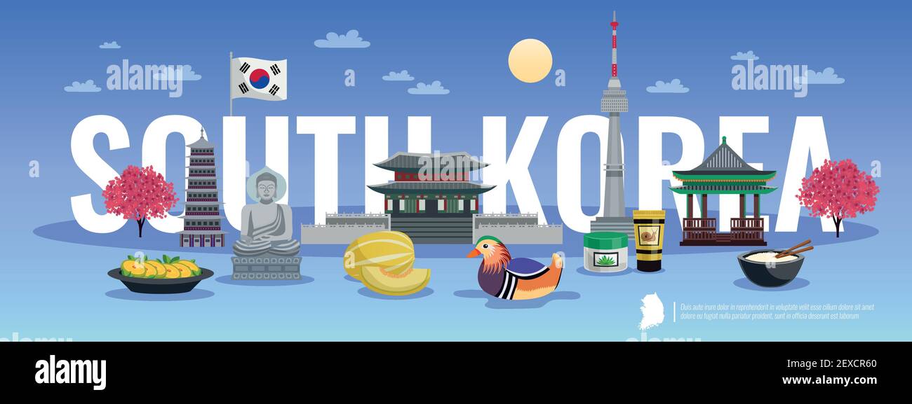 South korea tourism horizontal composition with doodle style pictures ...